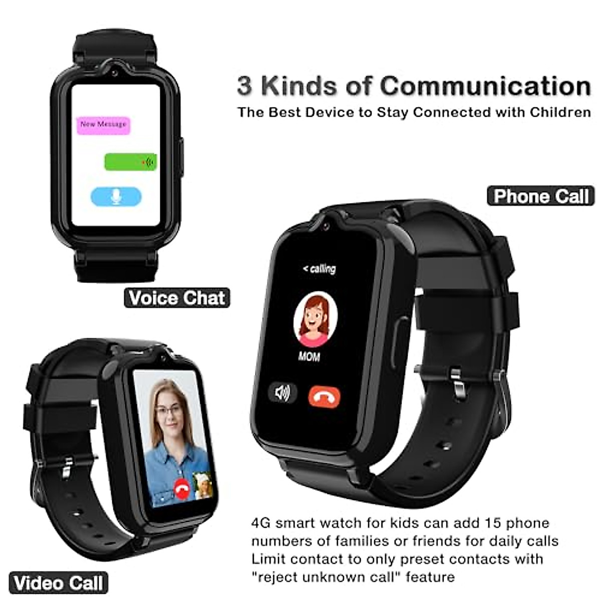 4G Smart Watch for Kids - Kids Smart Watch with GPS Tracker & Video Calling Kids Cell Phone Watch for Boys Aged 5-12 SIM Card SOS Call Voice Chat Camera Touch Screen GPS Tracker for Kids(Black)