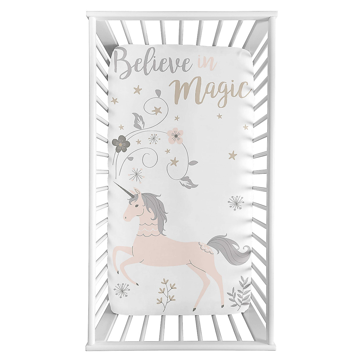 Sweet Jojo Designs Unicorn Girl Fitted Crib Sheet Baby or Toddler Bed Nursery Photo Op - Blush Pink, Grey and Gold Flowers and Stars