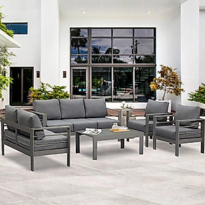 Wisteria Lane Aluminum Outdoor Patio Furniture Set, Modern Patio Conversation Sets, Outdoor Sectional Metal Sofa with 5 Inch Cushion and Coffee Table for Balcony, Garden, Dark Grey