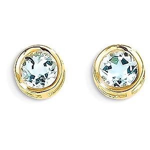 14K Yellow Gold 5mm Blue Aquamarine Studs Gemstone Earrings March Birthstone Jewelry