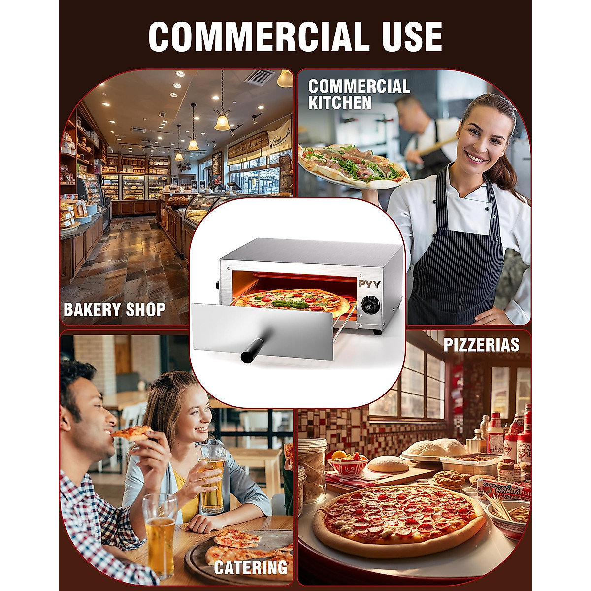 PYY Commercial Pizza Oven Electric up to 12 Inch Table Top Pizza Oven Indoor Stainless Steel Professional Pizza Cooker Baker Countertop with Timer & Crumb Tray for Commercial Kitchen Restaurant 1100W