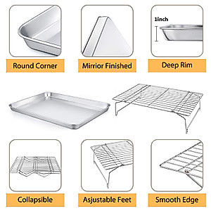 Baking Sheet and 2-Tier Cooling Racks Set, P&P CHEF Stainless Steel Baking Pan Tray with Stackable Cooking Wire Rack for Cookie Bacon Meat, Uncoated & Non-toxic, Mirror Finish& Dishwasher Safe - 3Pcs