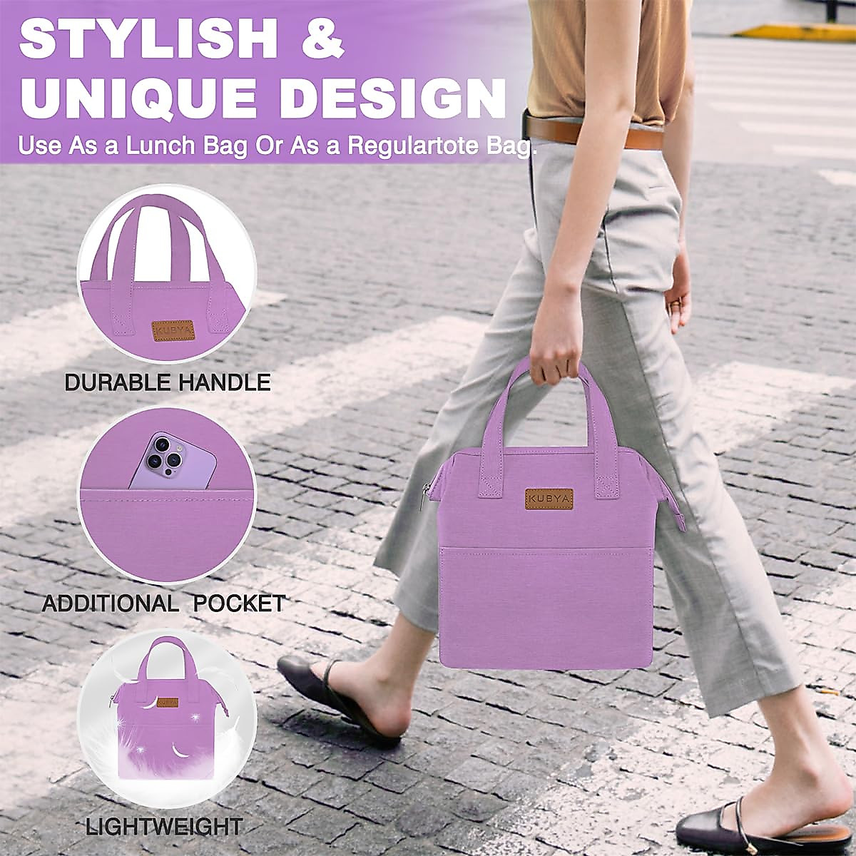 KUBYA Lunch Bag Simple Lunch Box for Women Men Insulated Lunch Bag & 1 Storage bag Simple Reusable Lunch Tote Bag for Work, Picnic Beach or Travel (Purple) LBMHS-04