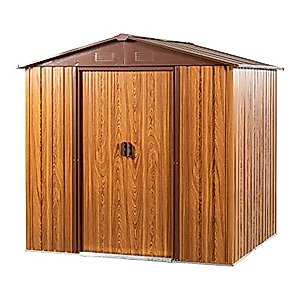 6.36 x 5.7ft Outdoor Metal Storage Shed with Floor Frame, Sliding Doors, Sun Protection, Waterproof Tool Storage Shed for Garden, Patio, Lawn,Backyard  (Brown & Wood Grain-No Window)