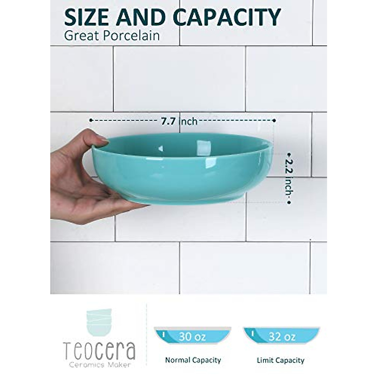 Teocera Porcelain Pasta Bowls, Salad Bowls Set, Wide and Shallow, 30 Ounce - Set of 4, Turquoise