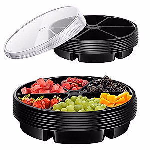 Baderke 10 Pack 10 Inches Round Plastic Serving Tray 6 Sectional Plastic Appetizer Tray with Lid Clear Food Platters Round Platter Container Veggie Fruit Organizer for Party and Buffet (Black)