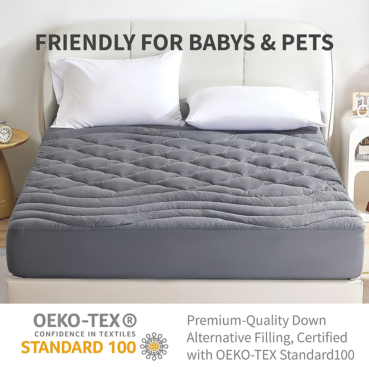 SONIVE Waterproof Mattress Pad - Quilted Fitted Mattress Topper, Soft and Breathable Mattress Protector, Fluffy Pillow Top Mattress Cover(Grey, Queen)