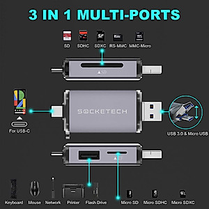 SD Card Reader,SockeTech 3-in-1 Memory Card USB 3.0 Reader,Micro SD to USB Adapter,Trail Camera Viewer for Samsung Galaxy/Note S20/10,Android Phone,Windows Computer, MacBook iPad Air/Pro and Dash Cam