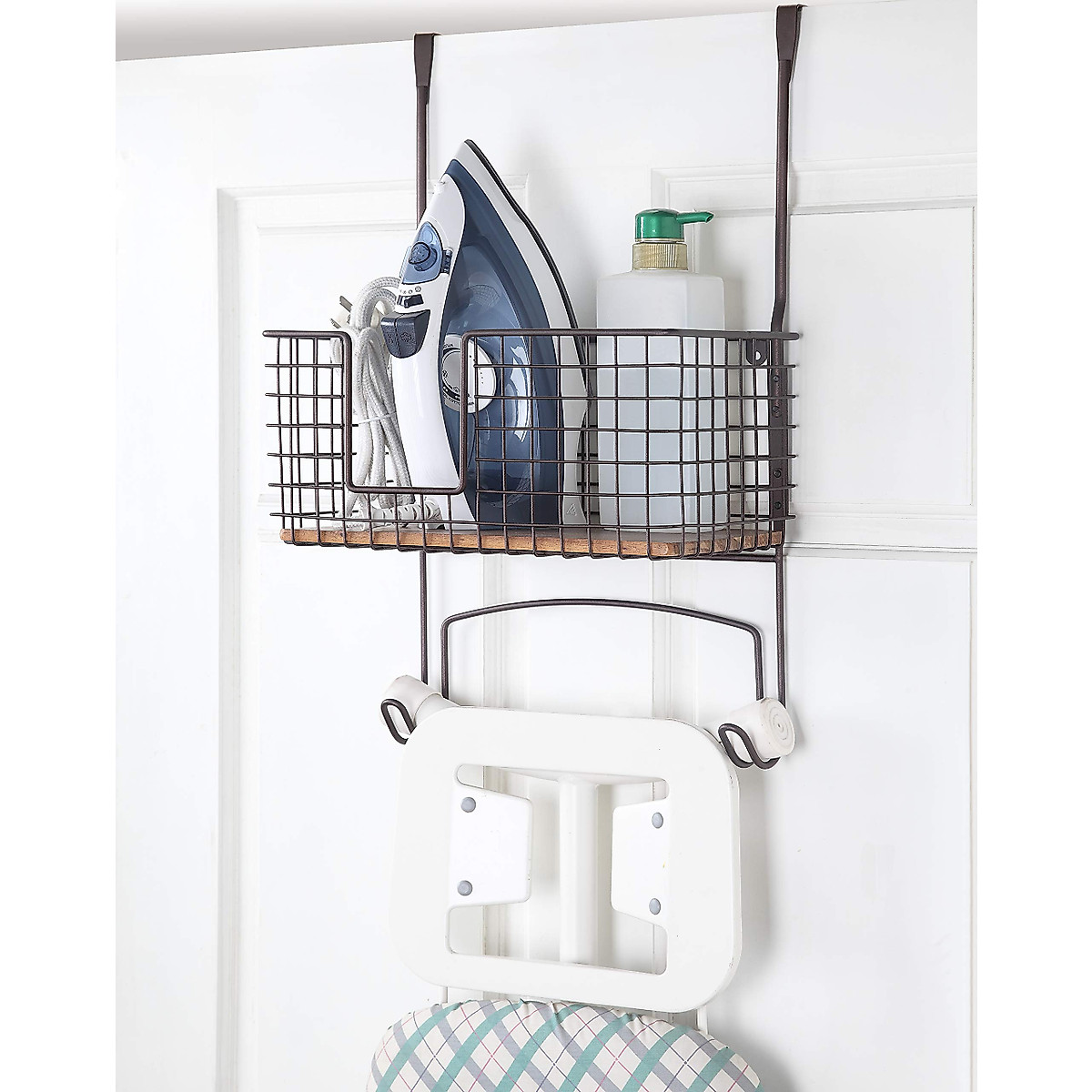 SunnyPoint Metal Wall Mount/Over The Door Ironing Board Holder with Large Storage Basket (ORB, 12" X 7" X 5.5" (Basket Size))