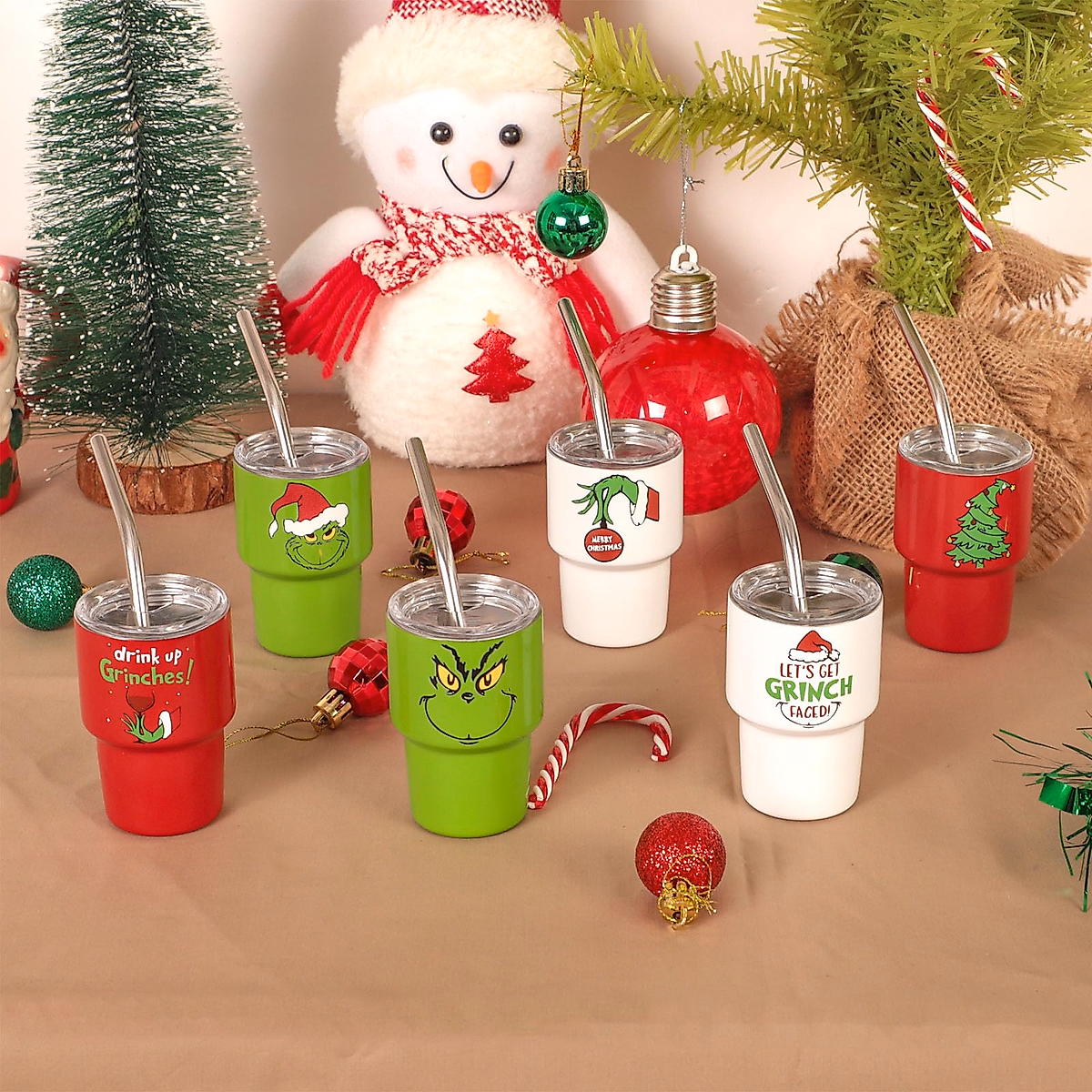 LSBIYUTEFO Mini Shot Glasses with Lids and Straws, 3 oz Cute Christmas Style Stainless Steel Insulated Sublimation Tumbler Cup for Drink Cocktail Bar Beach Party Gift (6 Packs)