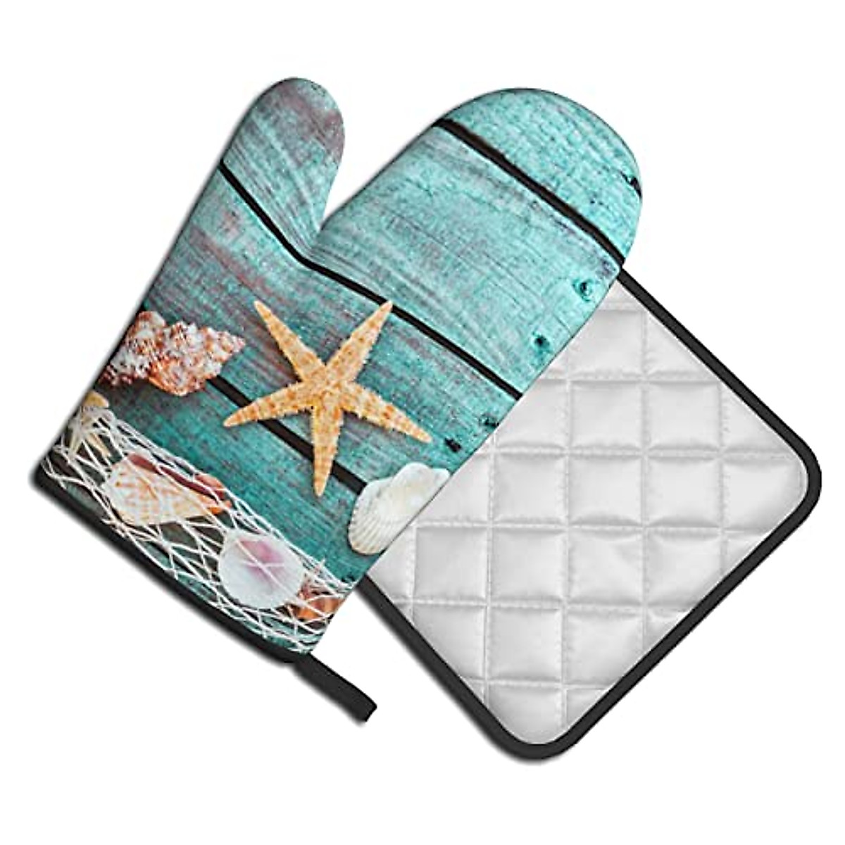 Pretty Turquoise Blue Nautical Oven Mitts and Pot Holders Sets Heat Resistant Kitchen Microwave Gloves for Baking Cooking Grilling BBQ