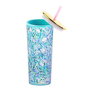 Lilly Pulitzer Double Wall Tumbler with Lid and Reusable Straw, Insulated Travel Cup Holds 24 Ounces, Soleil It On Me