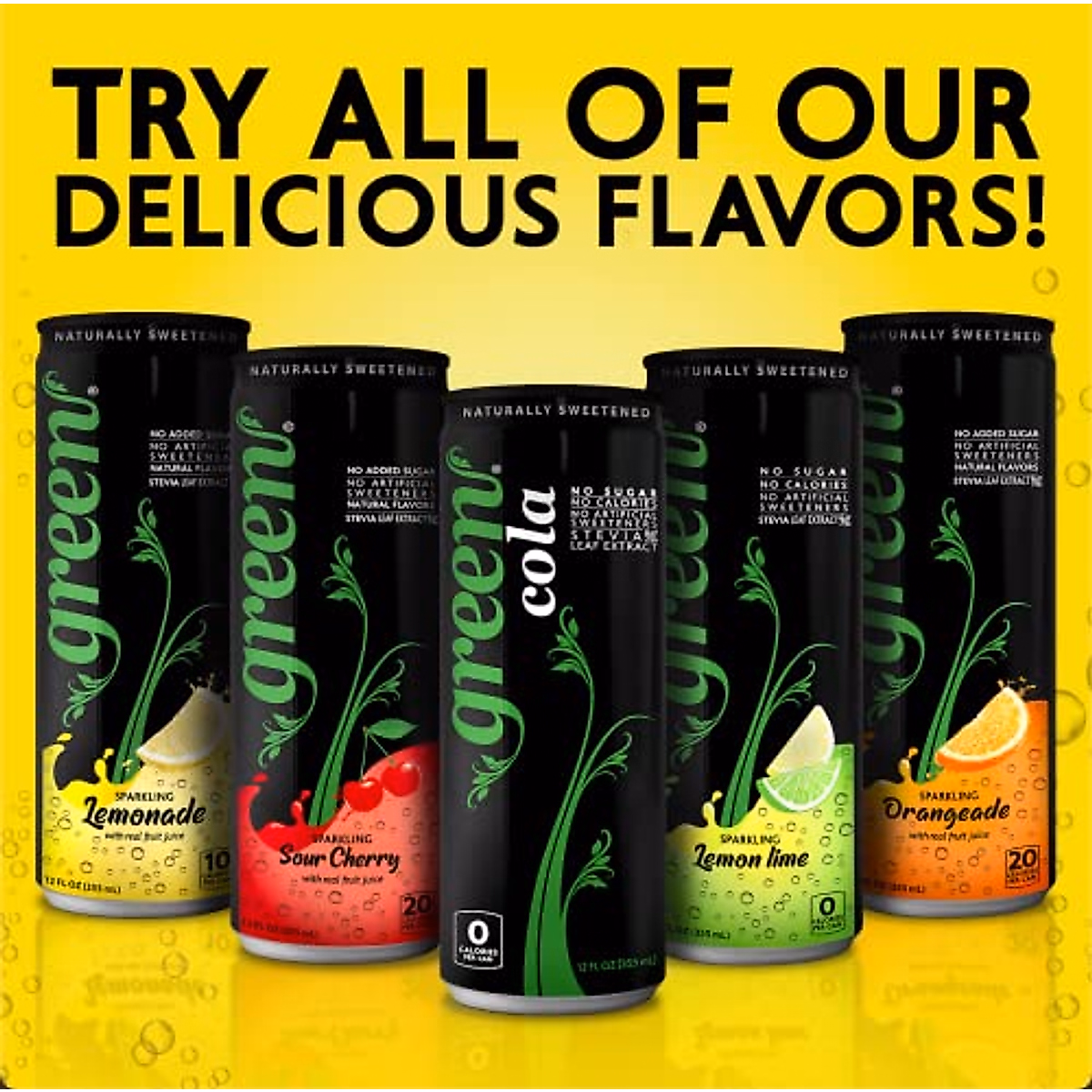 Green Lemonade - No added Sugar, 6% Real Lemon Juice, 10 Calories per can, Naturally Sweetened with 100% Stevia Leaf Extract, Carbonated Soda, 12 Fl Oz each can - Pack of 12