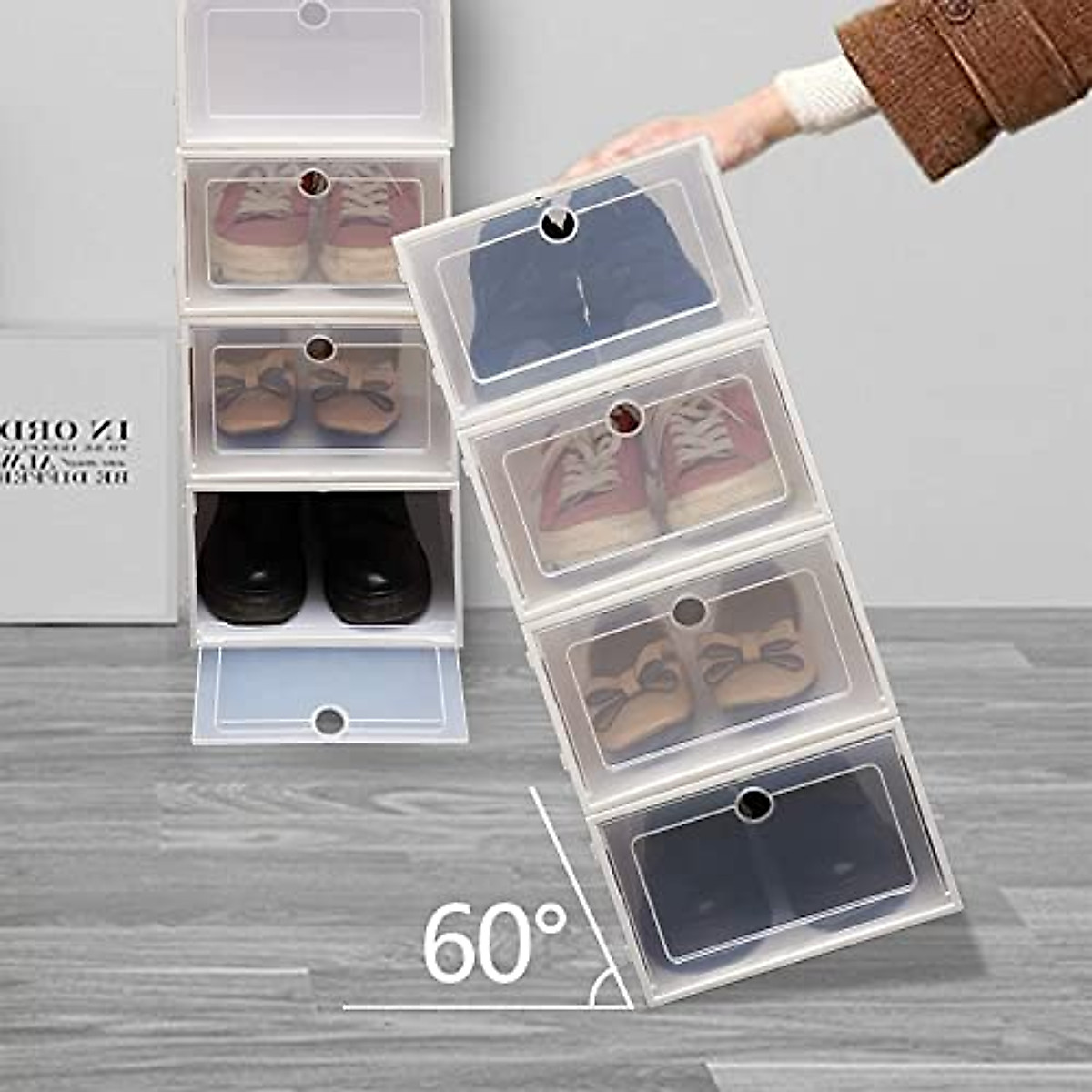 20 PCS Shoe Storage Boxes,Clear Plastic Clamshell Shoebox Stackable Shoe Organizer Foldable Display Box Container Closet Shelf Shoe Organizer,Need to Assemble (Angel White Large Round Holes)