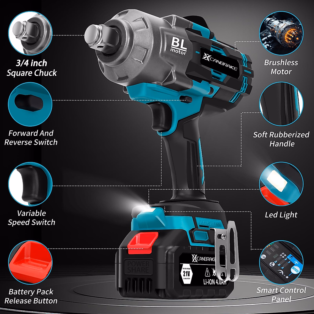 Canbrake 2000Nm(1500ft-lbs) Cordless Impact Wrench,3/4 inch High Torque Brushless Impact Gun, 5500RPM Power Battery Impact Wrench w/ 2 x 4.0Ah Battery, Fast Charger for Heavy Duty Truck Mower