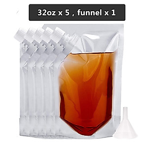 Concealable Flasks Reusable Drinking Bag - 5 Pack 32oz Plastic Flask for Liquor Cruise Pouch Hidden Sneak Alcohol Travel Drinking Flask Kits,Travel Party,with Funnel (32oz x 5)
