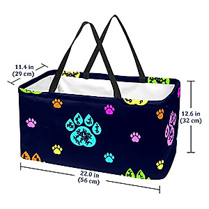 Reusable Shopping Basket Black Colourful Dog Paw Prints Portable Folding Picnic Grocery Bags Laundry Basket Shopping Tote Bag