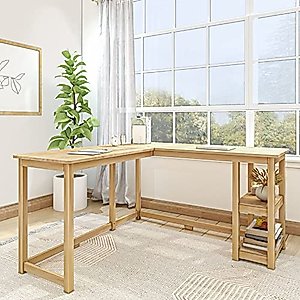 Plank+Beam Solid Wood Corner Desk with Shelves, L-Shaped Desk for Bedroom, Home Office Study Desk, 55.25 Inch