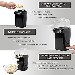 Hot Air Popcorn Popcorn Maker, Electric Popcorn Maker with Measuring Spoon Free Small Popcorn Maker No Oil Fast Air Popped Popcorn Maker for Watching Party Movies & Football Match (Black)