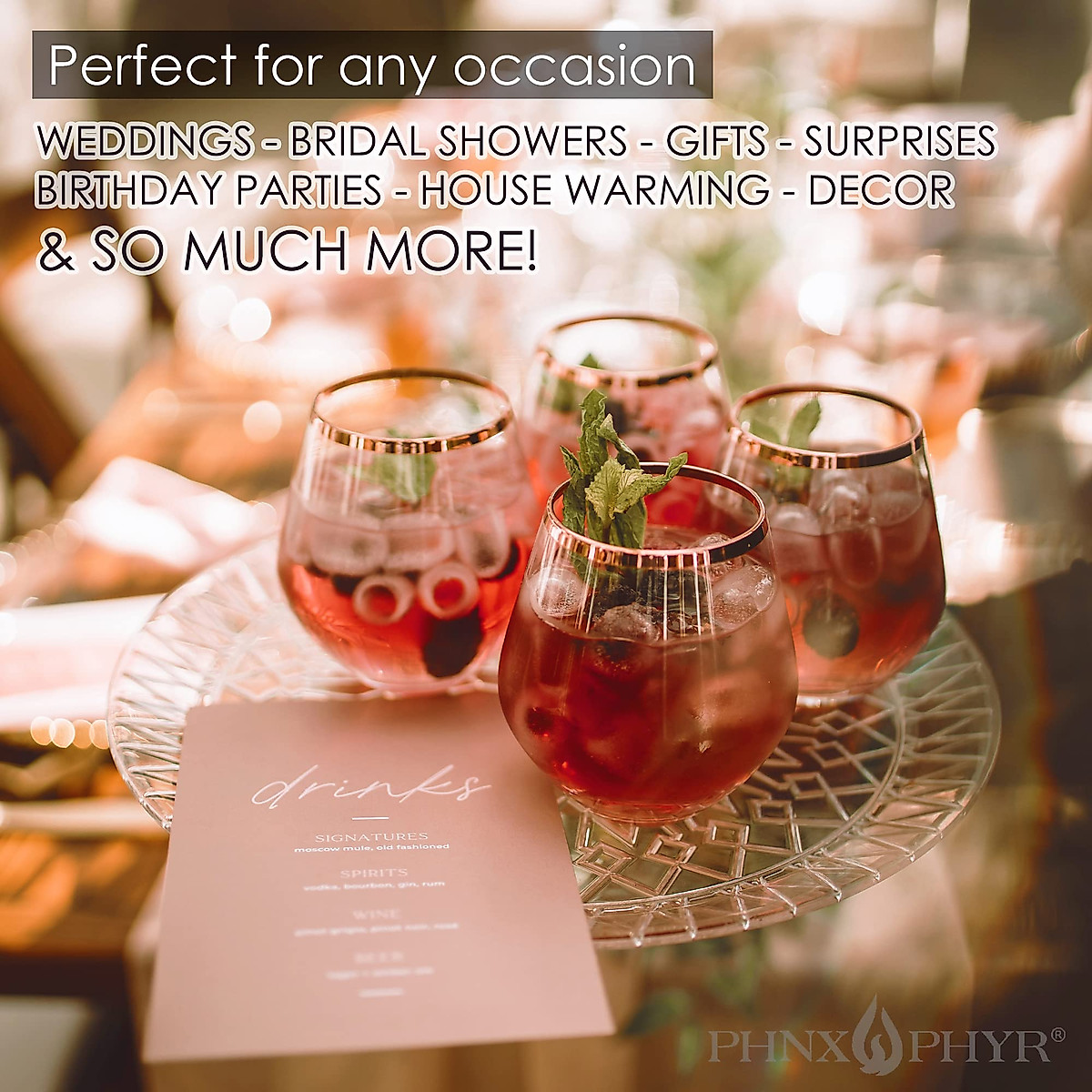 Phnx Phyr Hand Blown Crystal Rose Gold Wine Glasses set 4 - Stemless wine glass set - Stemless wine glasses - Red wine glasses set of 4 - Large white wine glass - Wedding - Gift packaging