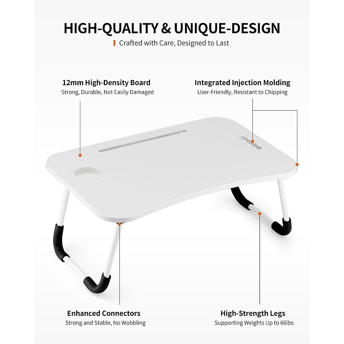 FISYOD Foldable Laptop Table, Portable Lap Desk Bed Table Tray, Laptop Stand with Cup Holder & Tablet Slot & Lifting Handle for Working Writing Drawing & Eating (White)