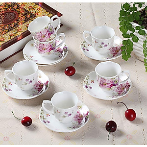 GuangYang 12 Pieces (Tiny Style) Espresso Cups and Saucers，2.5 ounce/80ml，Set of 6,Mini Premium Porcelain Coffee Cup Set, Fancy Flower Pattern Design