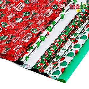 JOYIN 150 Sheets Tissue Paper Assortement Classic Christmas Design, present Wrap Paper, Accessory for Gift Boxes, Gift Wrapping Bags and Wine Bottles