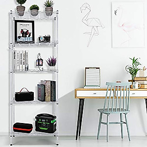 AMZOOM 5-Tier Steel Wire Shelving Unit, Adjustable Metal Shelves, Stainless Steel Storage Rack with Hooks and Leveling Feet, Suitable for Living Room Bathroom Garage Kitchen Pantry (Silver)