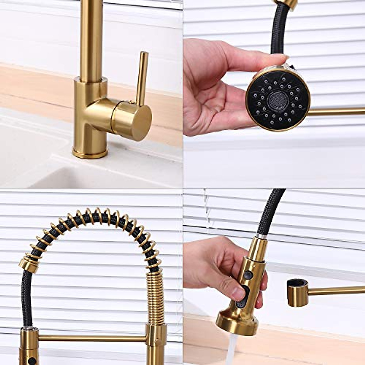 Ntipox Brushed Gold Kitchen Faucet with Pull Down Sprayer,Brushed Brass Kitchen Sink Faucet Single Handle Single Lever ，Spring Rv Kitchen Faucet, 3 Function Laundry Faucet