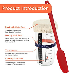 Sourdough Starter Jar, Aluminium Lid Sourdough Starter Container Clear Glass Sourdough Fermentation Jar 730ml with Cloth Cover Spatula Elastic Band Thermometer Strip Labels Pen for Bread Baking