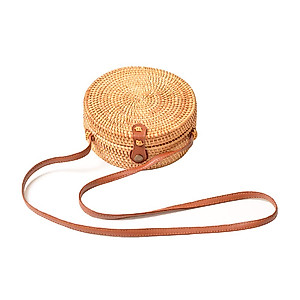 VODIU Women Bali Rattan CrossbodyBags Handmade Straw Bags Bohemian Shoulder Bag (Leather Buckle)