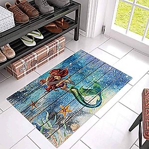 Ocean Mermaid Girl Coral and Starfish Indoor Doormat Front Door Mats, Water Absorbent Non Slip Entrance Rugs, Vintage Wood Plank Texture Floor Bath Rug for Bedroom Bathroom Living Room