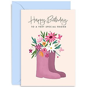 Old English Co. Cute Happy Birthday Card for Her - Floral Welly Birthday Card for Special Friend - Coloruful Butterfly Flower Heart Card for Best Friend - Card for Women | Blank Inside with Envelope