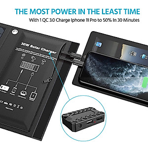 Solar Charger 30W Solar Panel QC3.0 USB and 1DC(18V1.66A) Ports Foldable Panel Has High Conversion Rate Portable Solar Phone Charger Compatible with USB Devices and DC Devices(Black)