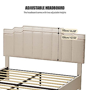 Queen Size Upholstered Platform Bed Frame with 2 Storage Drawers & Adjustable Rivets Headboard, Linen Bed Frame with Extra Dome Bed Canopy for Boys Girls Teens Adults, No Box Spring Needed (Beige)