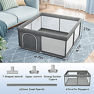 UANLAUO Baby Playpen, Safety Play Pens for Babies and Toddlers, Baby Play Yards with Breathable Mesh, Easy to Assamable Baby Fence, Sturdy Playyard Play Area for Apartment, 47x47x27 Inch Grey