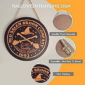 GLLBTPT Halloween Door Decorations,Halloween Wooden OLD SALEM BROOM COMPANY Hanging Sign with Rope Front Door, Halloween Decorations Indoor