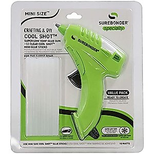 Surebonder Ultra Low Temperature Cool Shot Mini Glue Gun, Compact Size, Extra Safe at 10 Watts, Bonds Delicate Materials Like Paper, Fabric, Foam, Flowers, 12 Sticks Included (Plus Series KD-160FKIT)