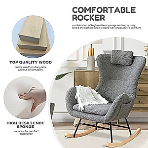 Modern Gray Rocking Chair Nursery Living Room Rocking Chair Teddy Fabric Upholstered Glider Chair High Backrest Side Hanging Pocket Side Accent Chair for Bedroom Offices (Gray + Polyester)