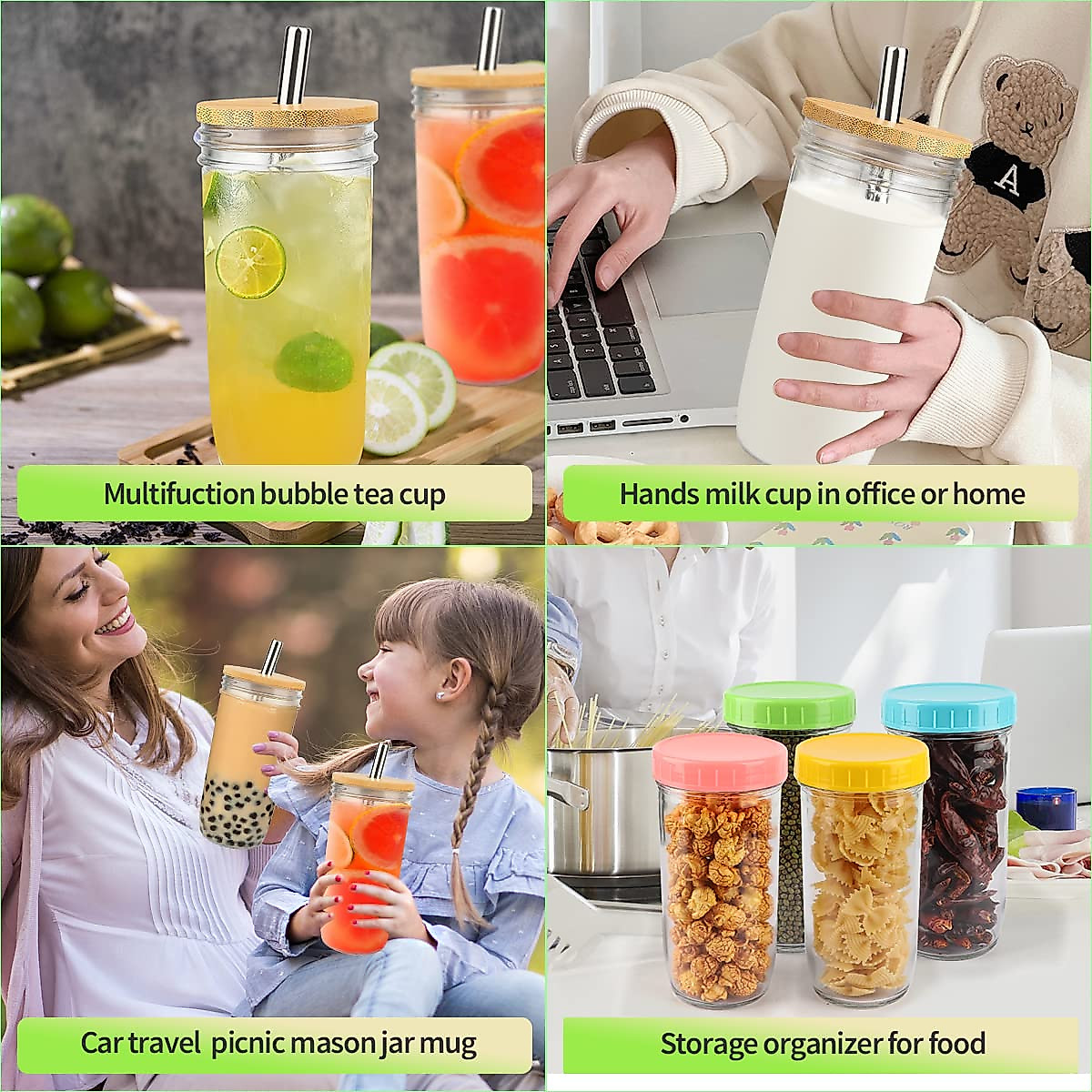 [ 4 Pack ] Glass Cups Set - 24oz Mason Jar with Straw Reusable Wide Mouth Bubble Smoothie Bobo Iced Coffee Cup w 12 Airtight Lids Brush,Tumbler Drinking Bottle for Pearl Tea, Juice