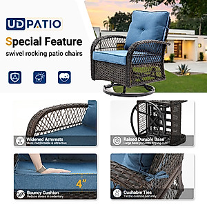 UDPATIO 3 Pieces Patio Furniture Set, Outdoor Swivel Gliders Rocker, Wicker Patio Bistro Set with Rattan Rocking Chair, Glass Top Side Table and Thickened Cushions for Porch Deck Backyard (Blue)