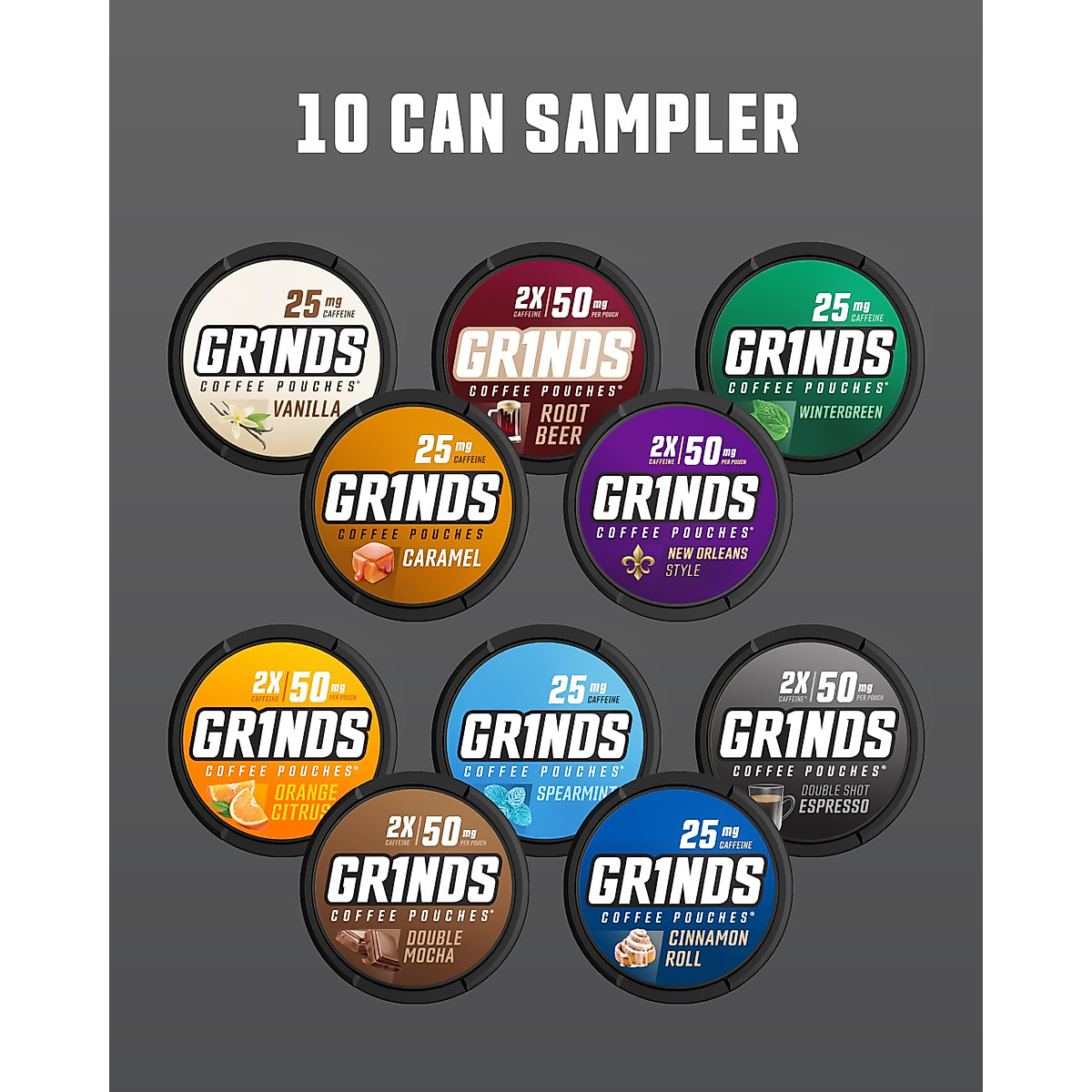 Grinds Coffee Pouches | Try Em All 10 Can Variety Pack | Tobacco & Nicotine Free | Chewing Alternative | 18 Pouches Per Can | 1 Pouch eq. 1/4 Cup of Coffee (Try Em All 10 Can Variety Pack)