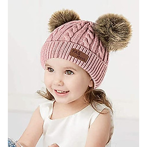 Infant Toddler Baby Knitting Woolen Hat Warm Winter Pure Color Double Pom Pom Boys Girls Beanie Cap (1-3 Years Old, A-Dark Pink)