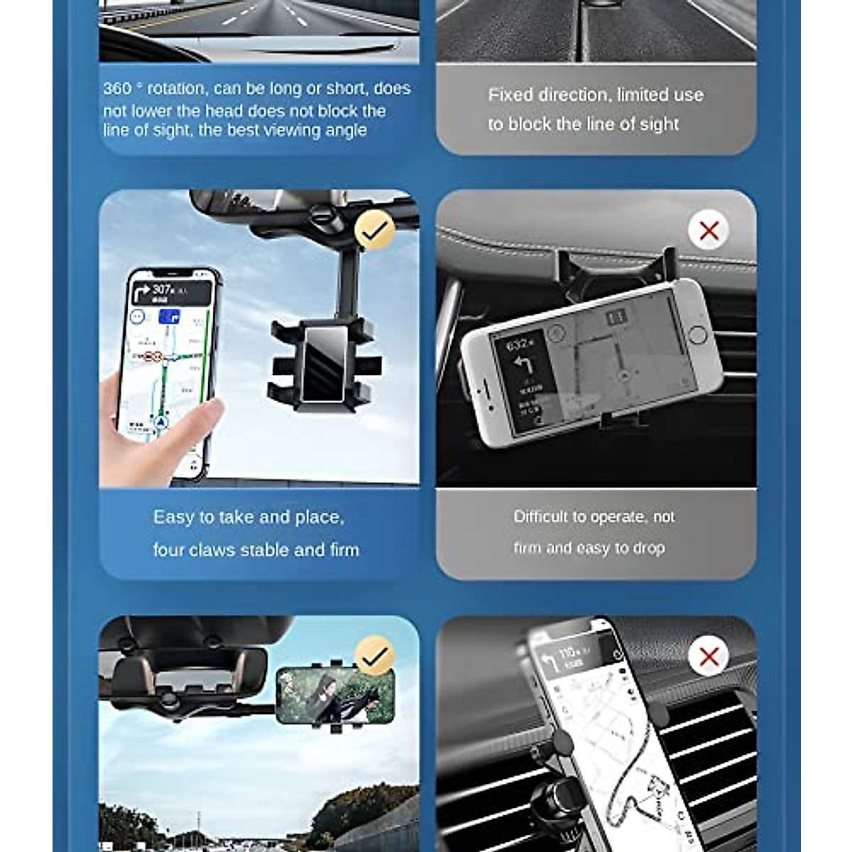 JaWaSto 360° Rear View Mirror Phone Holder for Car - Rotatable & Retractable Car Phone Holder Mount & Handsfree Phone Cradle - Easy to Install Adjustable Universal Phone Holder for All Smartphones