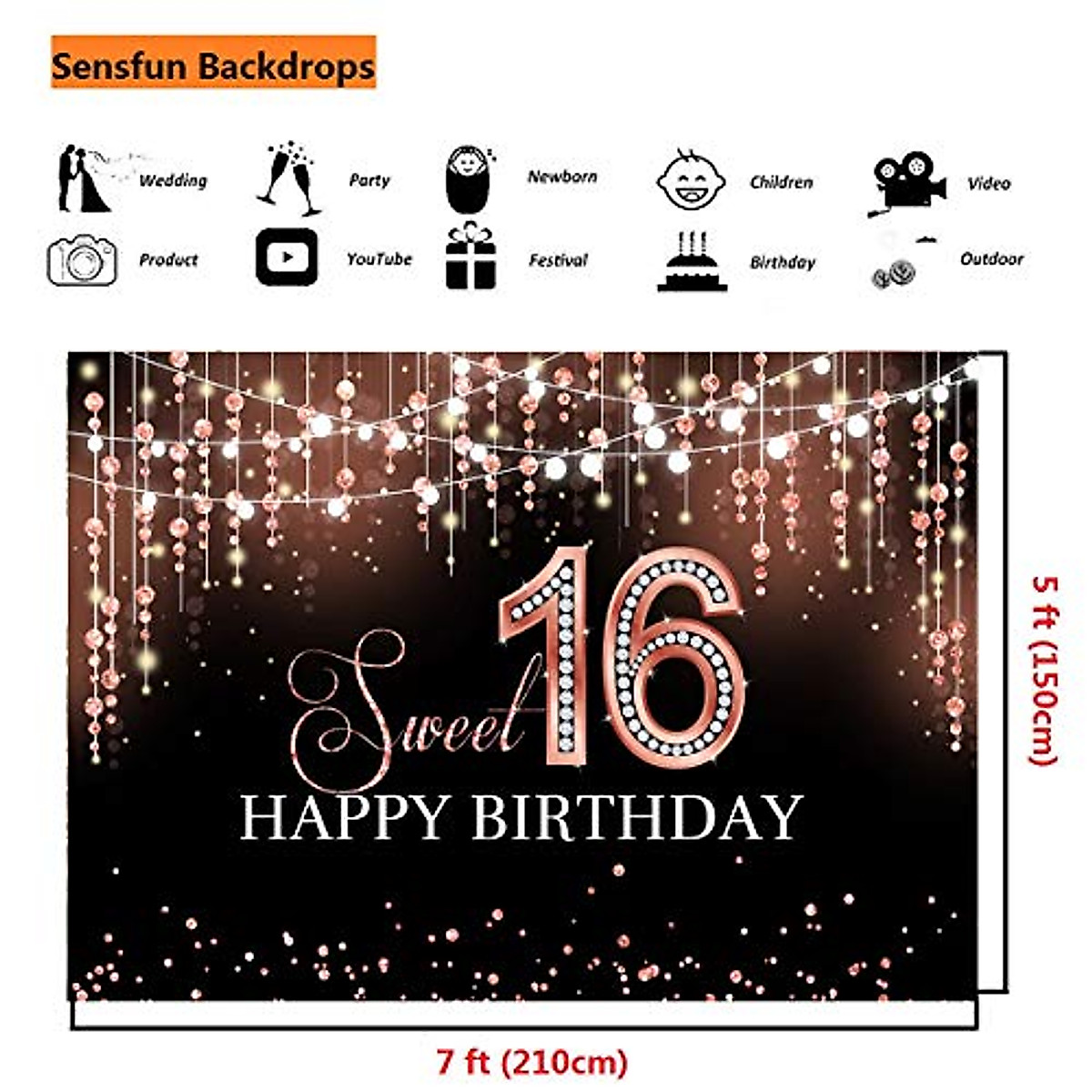 Sensfun Sweet 16 Birthday Party Backdrop Rose Gold Shiny Glitter Dots Diamond Princess Sweet Sixteen Photography Background for Girls Happy 16th Birthday Decorations Banner Photo Booth Backdrops 7x5ft