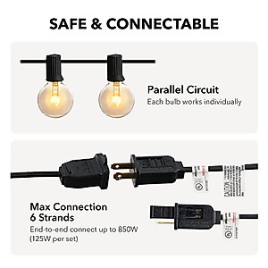 HBN 25ft Outdoor String Lights-Outdoor Incandescent String Lights, 27 G40 Bulbs (2 Spare) 5W 2200K Warm White, Connectable & Dimmable, IP44 Waterproof-Garden/Backyard/Patio/Porch/Courtyard/Café