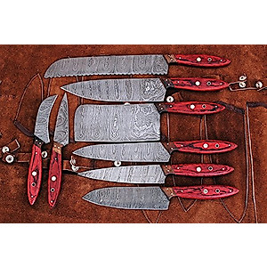 W Trading-Custom Hand made damascus steel blade Professional kitchen knives 8 PCS chef kitchen knife set with leather pouch for storage. WT-1046-8