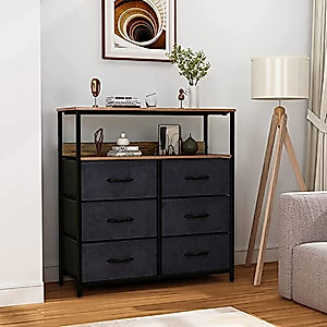 LYNCOHOME 6 Drawers Dresser with Shelves - Dresser for Bedroom, Closet, Clothes, Storage Tower Organizer, Chest of Drawers, Black Dresser for Bedroom, Fabric Drawers(Rustic Brown)