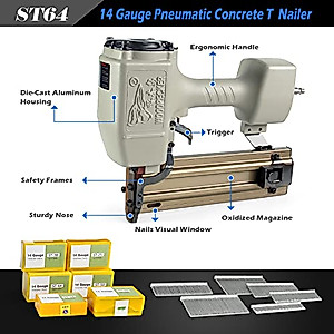 WOODPECKER ST64 Pneumatic Concrete T Nailer, 14 Gauge 3/4" to 2-1/2" Heavy Duty Air Concrete Nail Gun for Furring Strips, Masonry, Cement, Concrete Brick Nailing