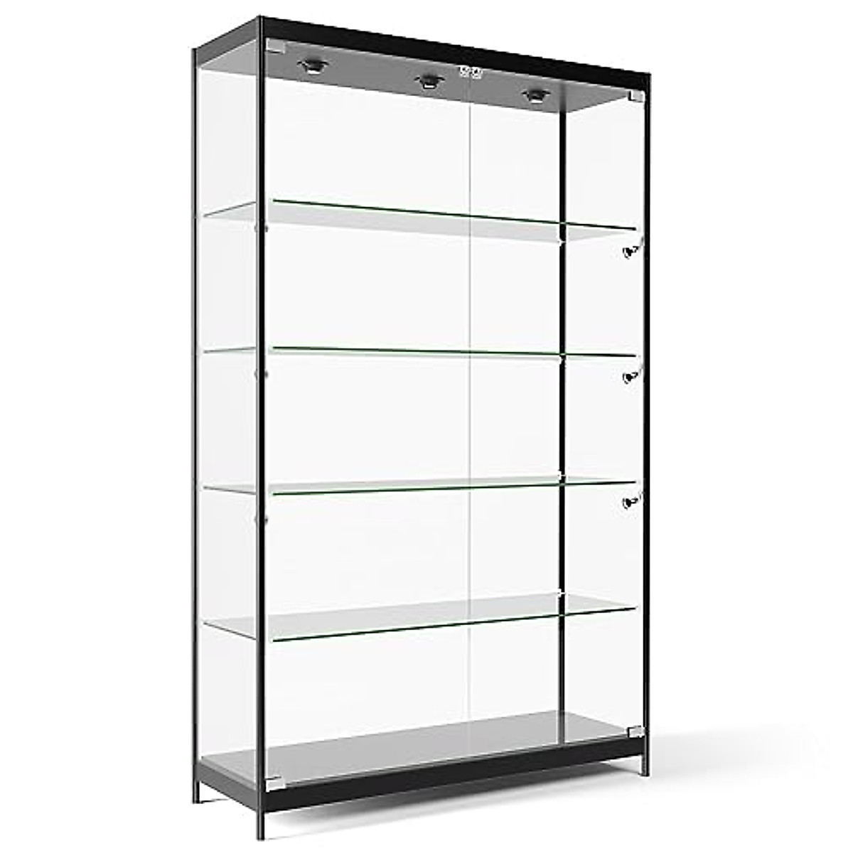Displays2go 48 Inch Glass Display Case, Nine LED Lights, Four Shelves, Lockable Hinged Doors - Black (LESC4816BK)
